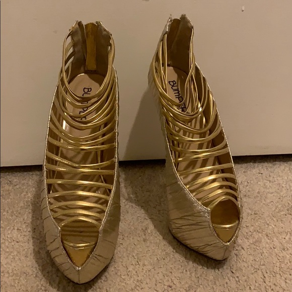 Shoes | Open Toe Gold Heels With Straps | Poshmark